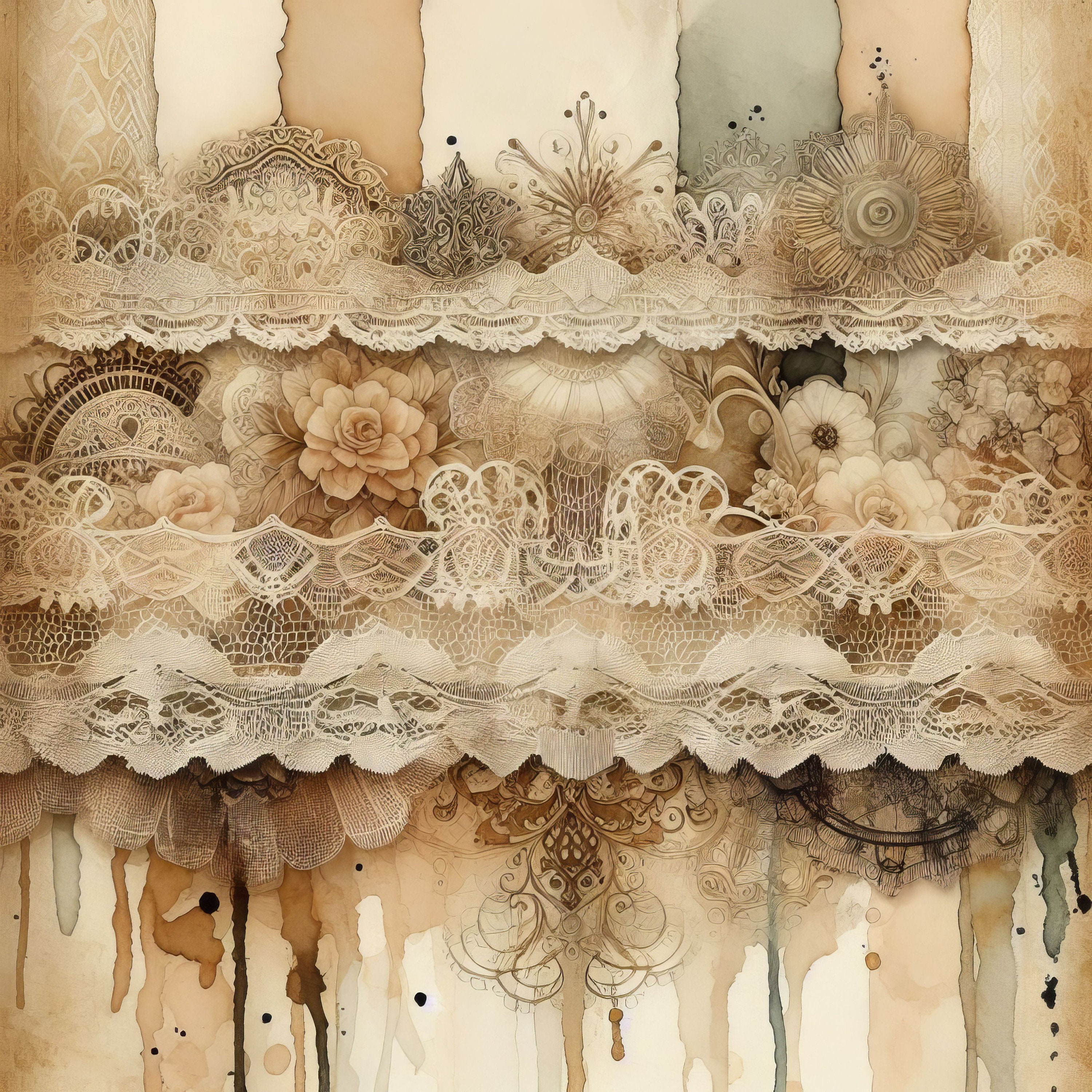 Vintage Lace Collage: 10 High Res Watercolor Jpgs, Junk Journaling ...
