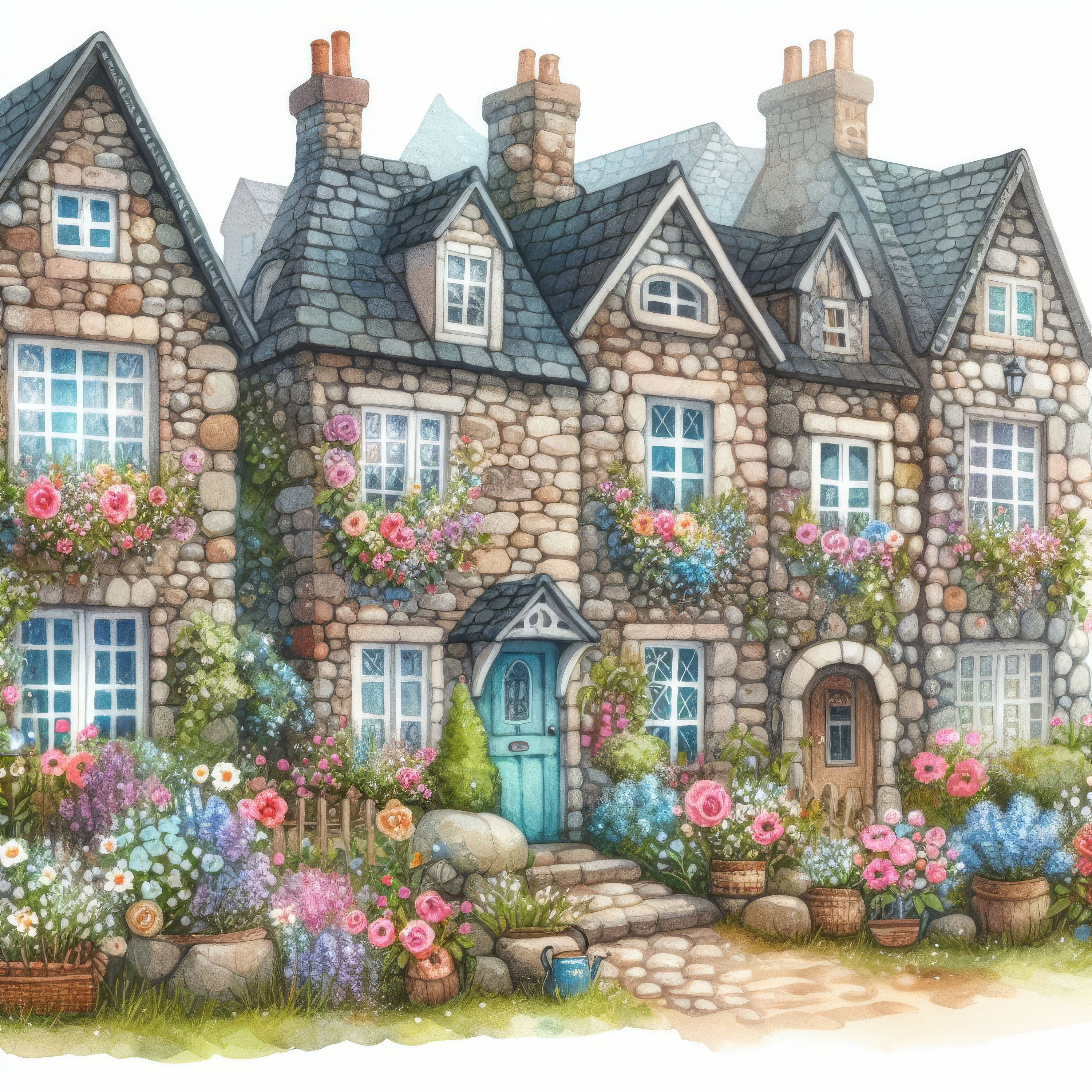 Whimsical Stone Row Houses Clip Art 10 High Res Watercolor Jpgs Junk ...