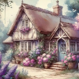 Purple Flower Cottage 10 High Res Watercolor Jpgs for Junk Journaling ...