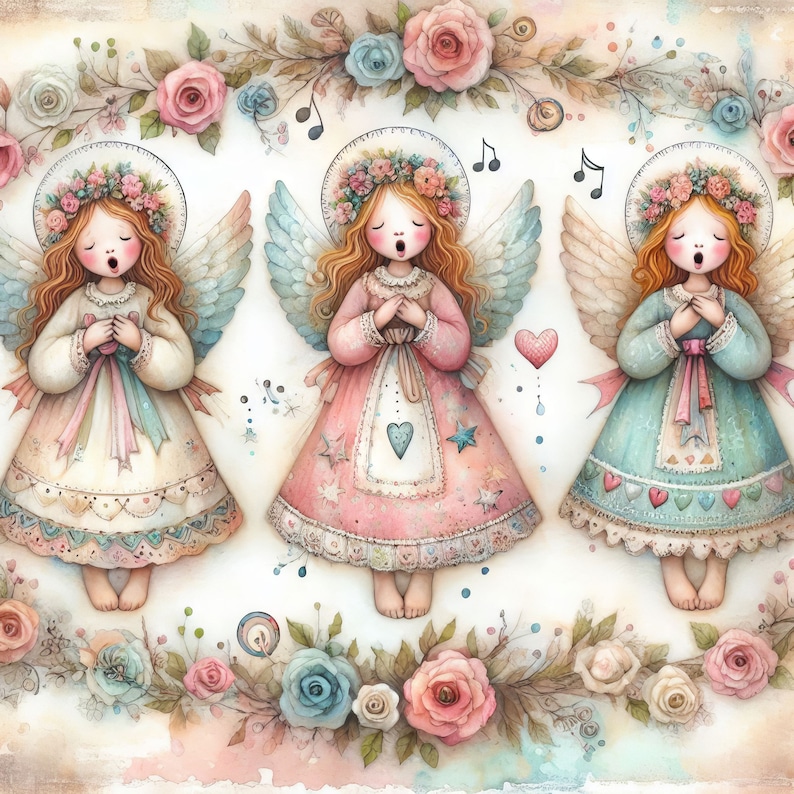 Shabby Chic Singing Angels: Clip Art, 10 High Res Watercolor Jpgs, Junk ...