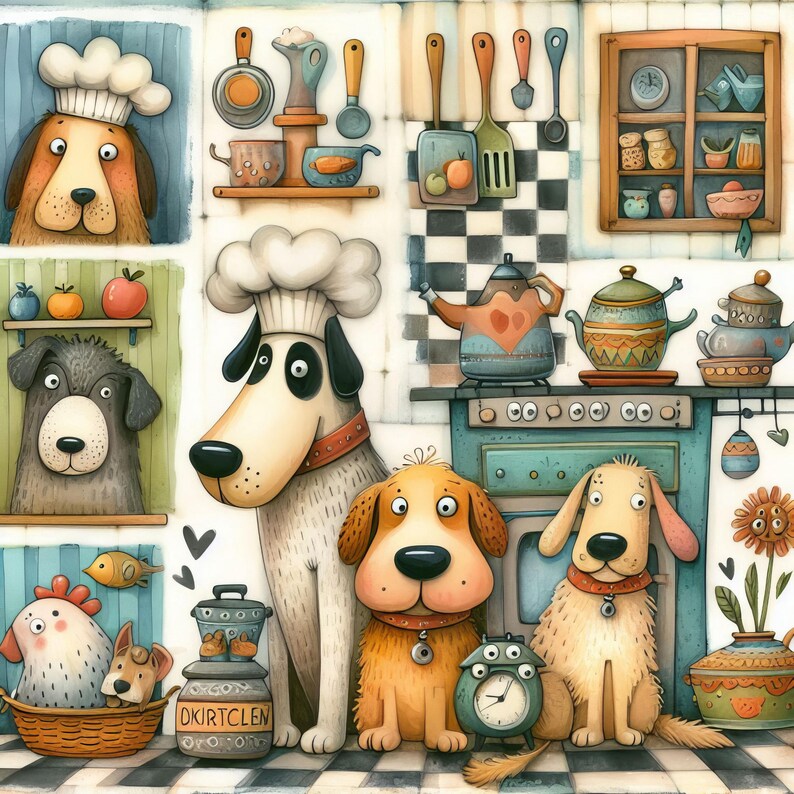 Dogs in the Kitchen: 10 High Res Watercolor Jpgs, Junk Journaling ...