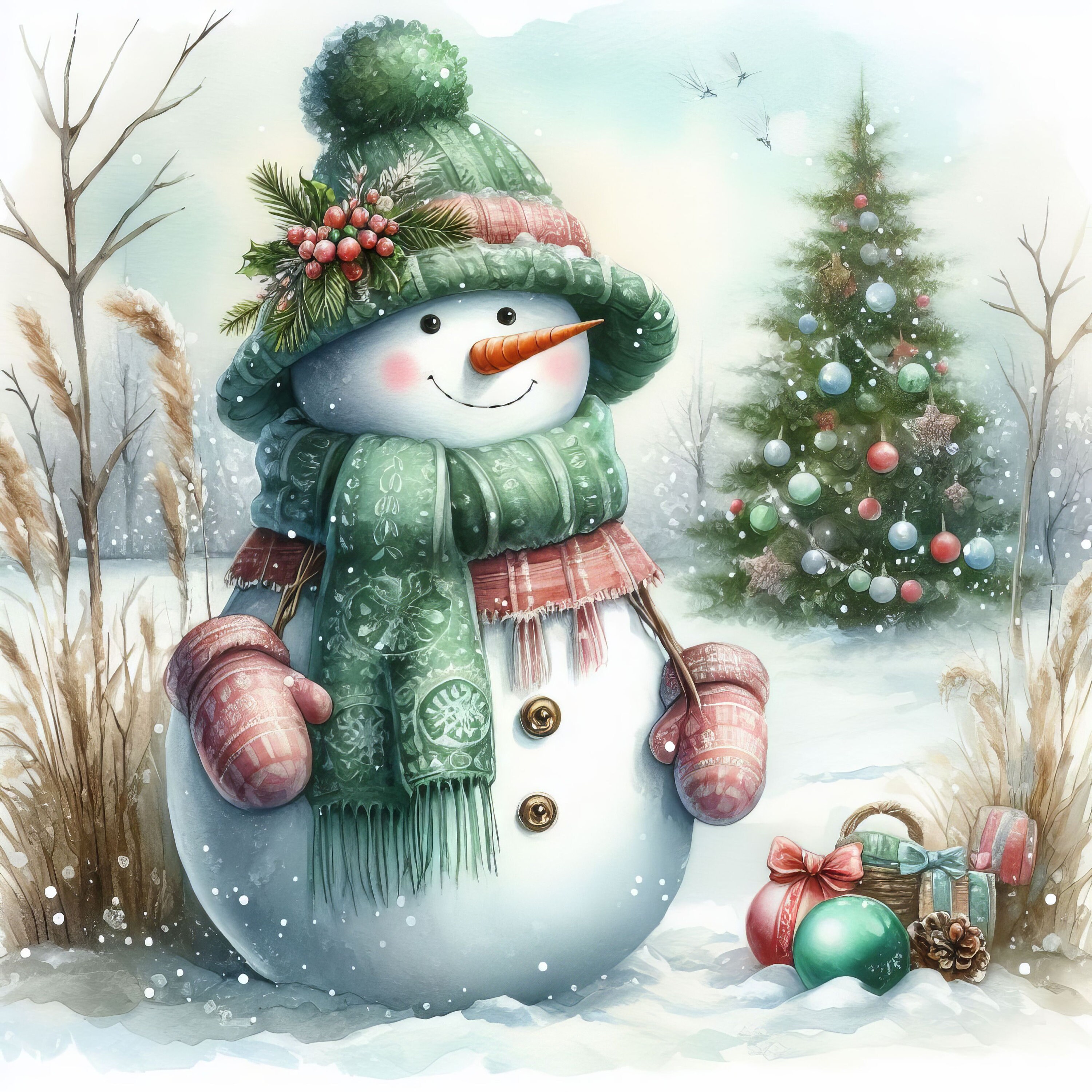 Snowman in Green With Christmas Tree: Clip Art, 10 High Res Watercolor ...