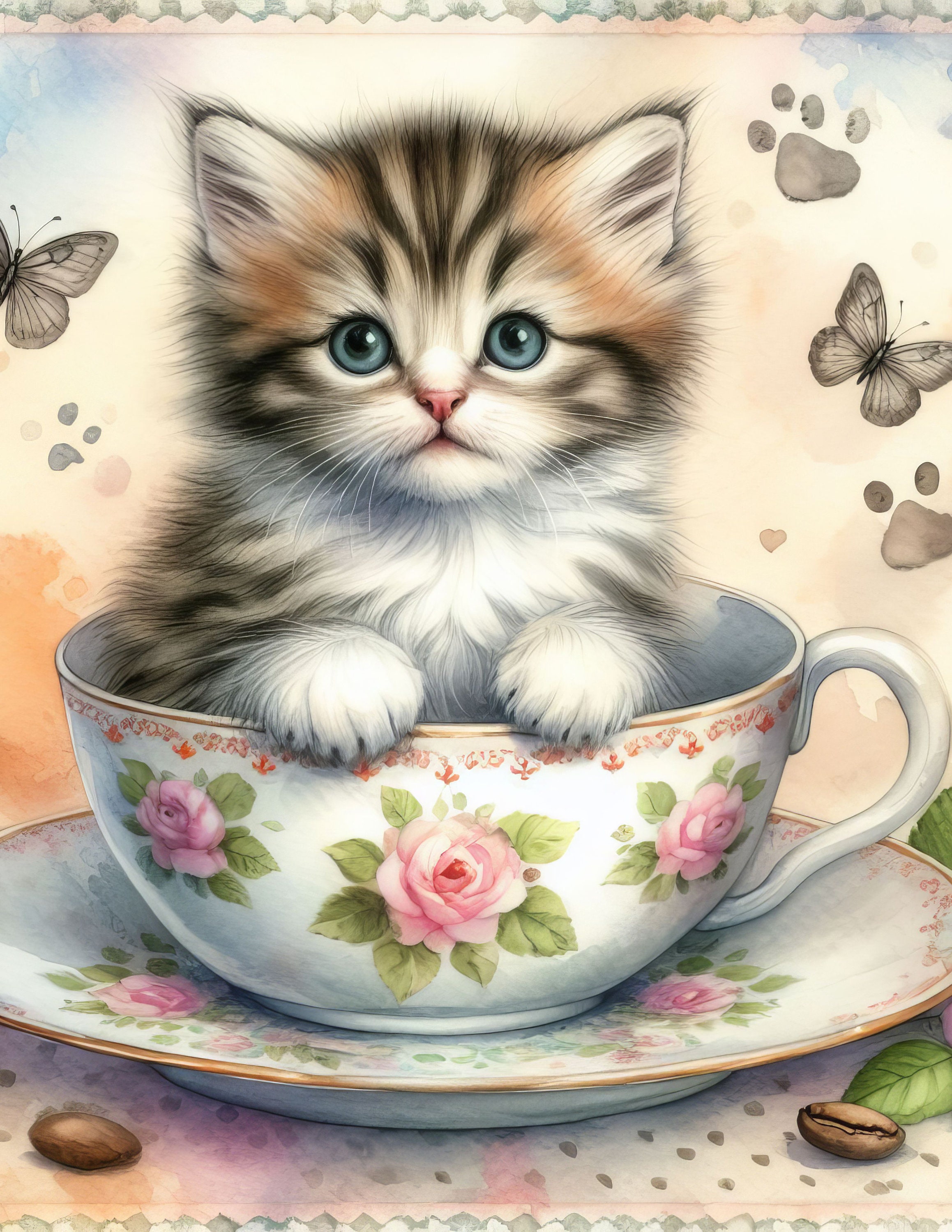 Kitten in Teacup Clipart Bundle 10 High Res Watercolor Jpgs for Junk ...