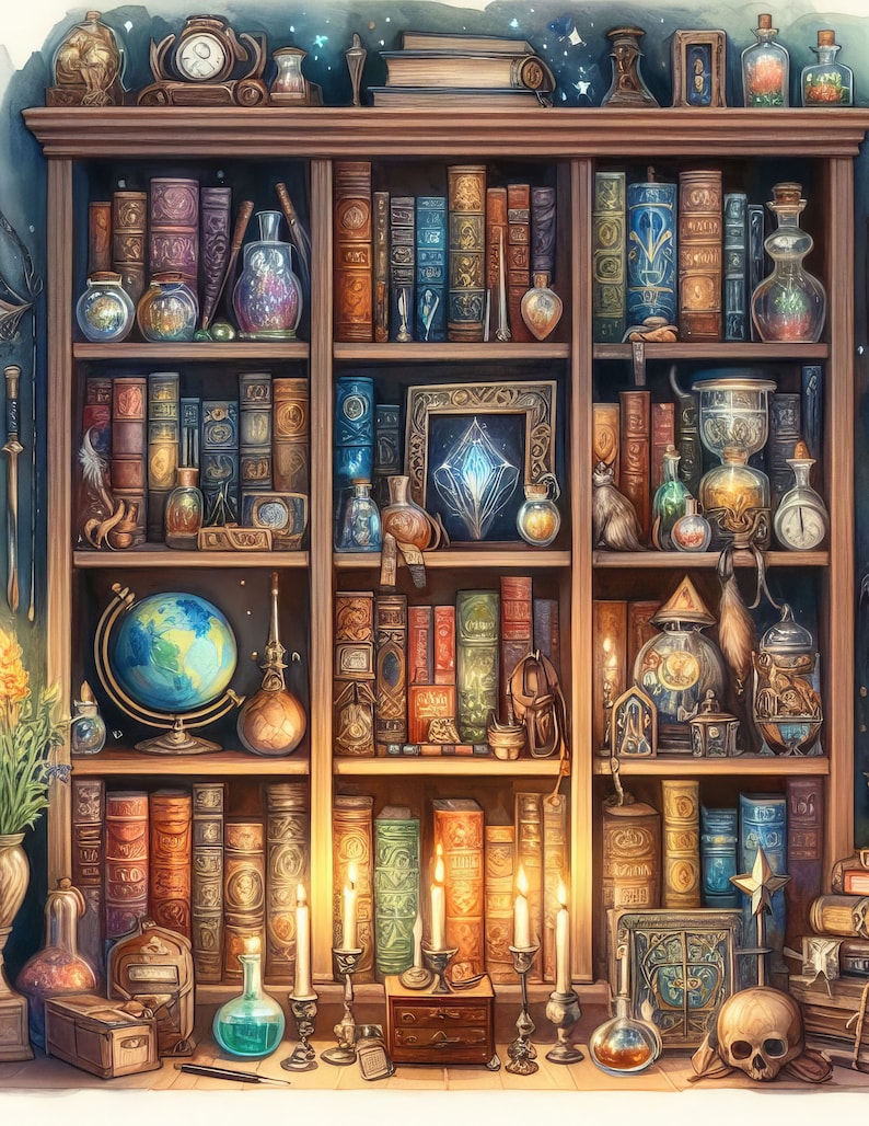 Magical Bookcase 10 High Res Watercolor Jpgs for Junk Journaling ...