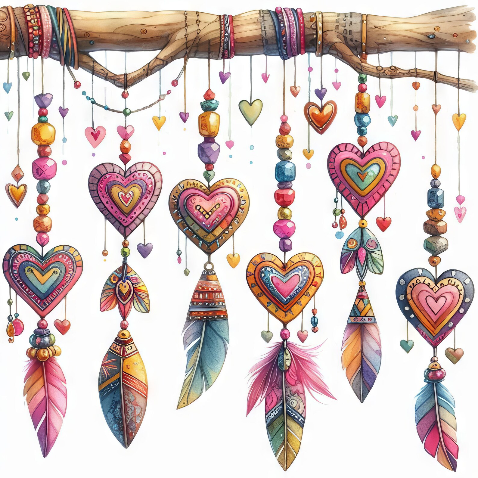 Hanging Boho Hearts Clip Art 10 High Res Watercolor Jpgs for Junk ...