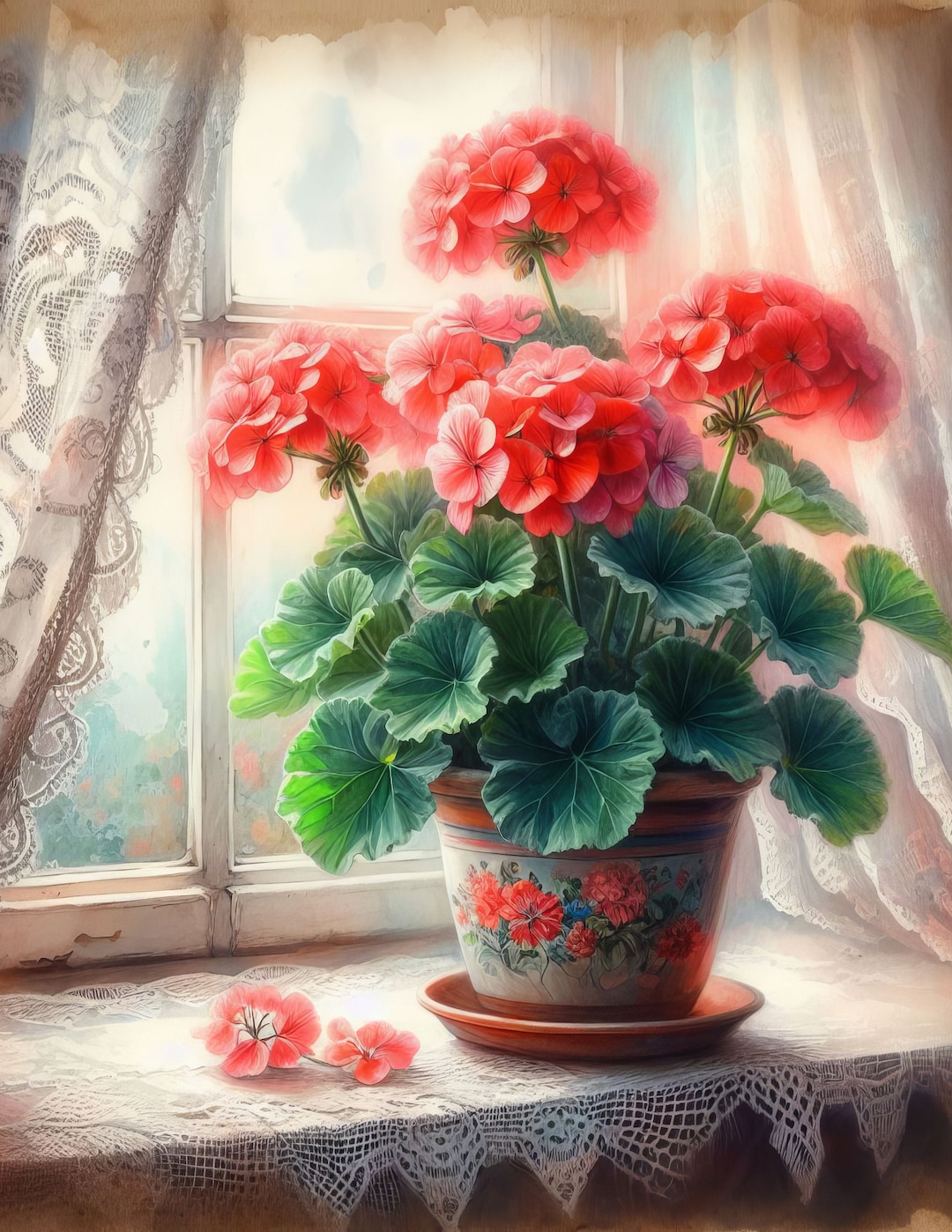 Geraniums on a Windowsill: Clip Art 10 High Res Watercolor Jpgs for ...