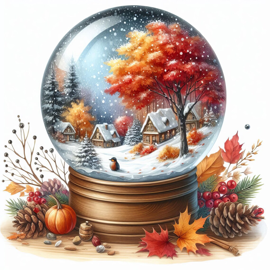 Fall Snow Globe: 10 High Res Watercolor Jpgs for Junk Journaling ...