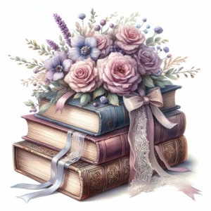 Books and Flowers Purple Clip Art 10 High Res Watercolor Jpgs for Junk ...