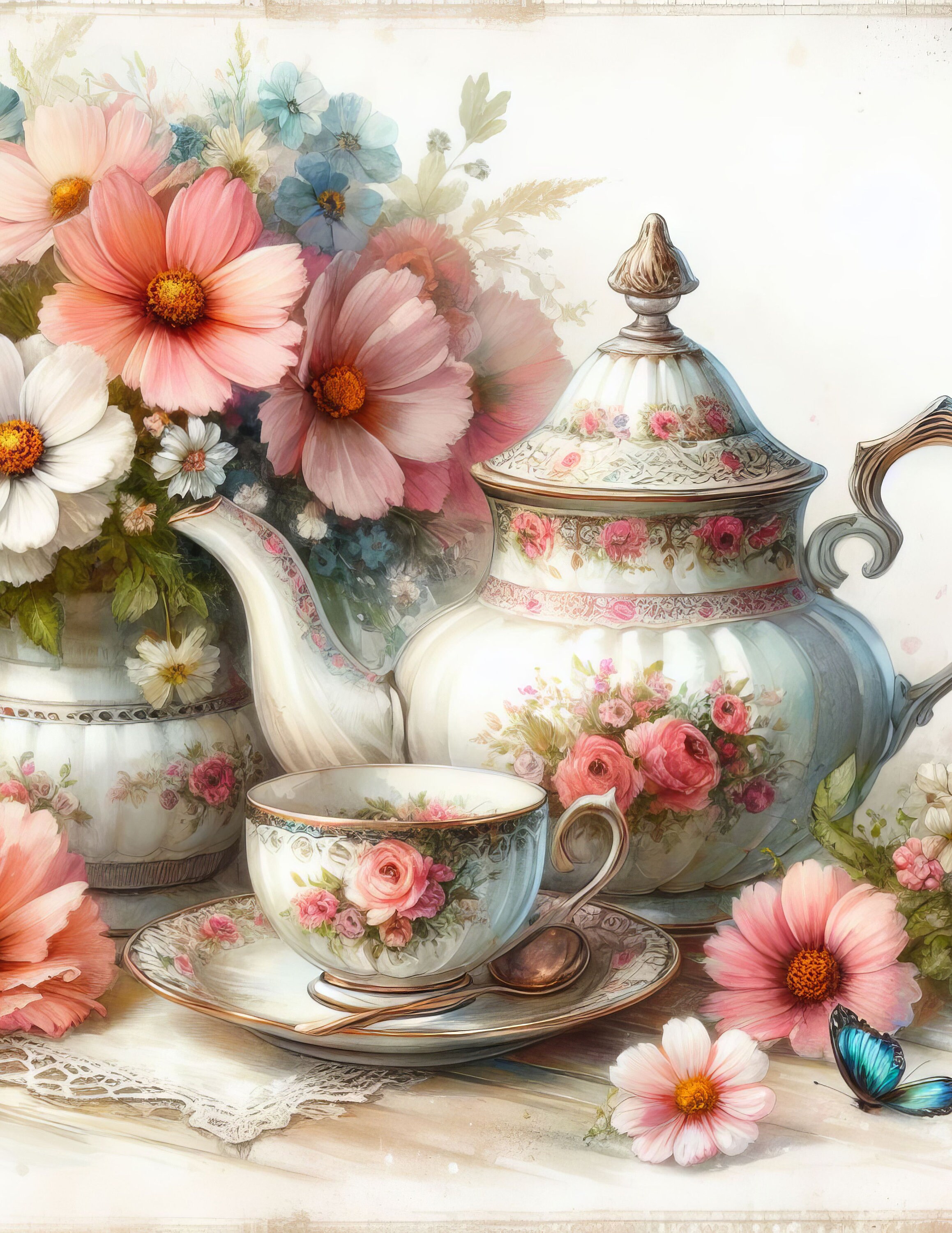 Vintage Tea Set: 10 High Res Watercolor Jpgs, Junk Journaling ...