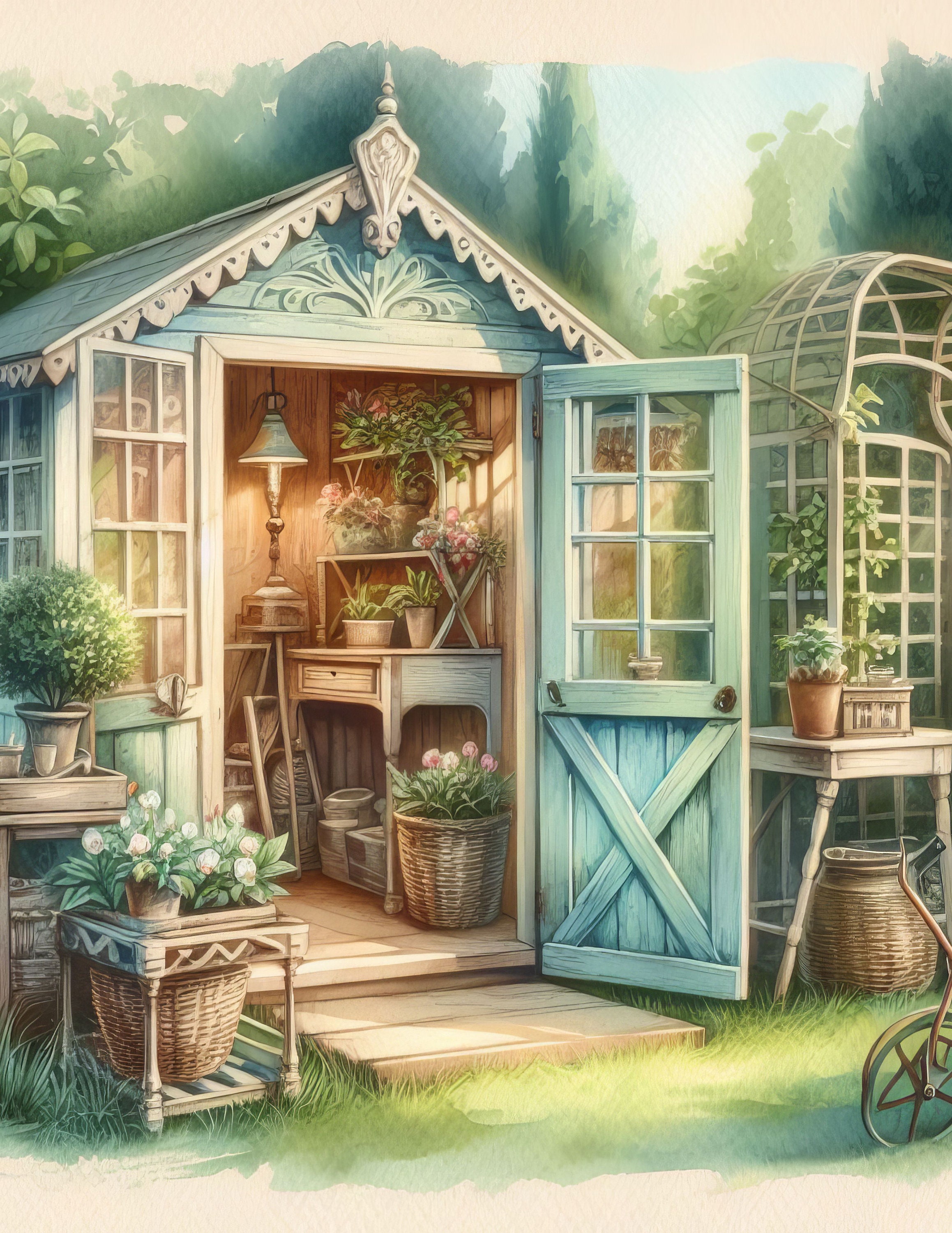 Shabby Chic Garden Shed 10 High Res Watercolor Jpgs for Junk Journaling ...