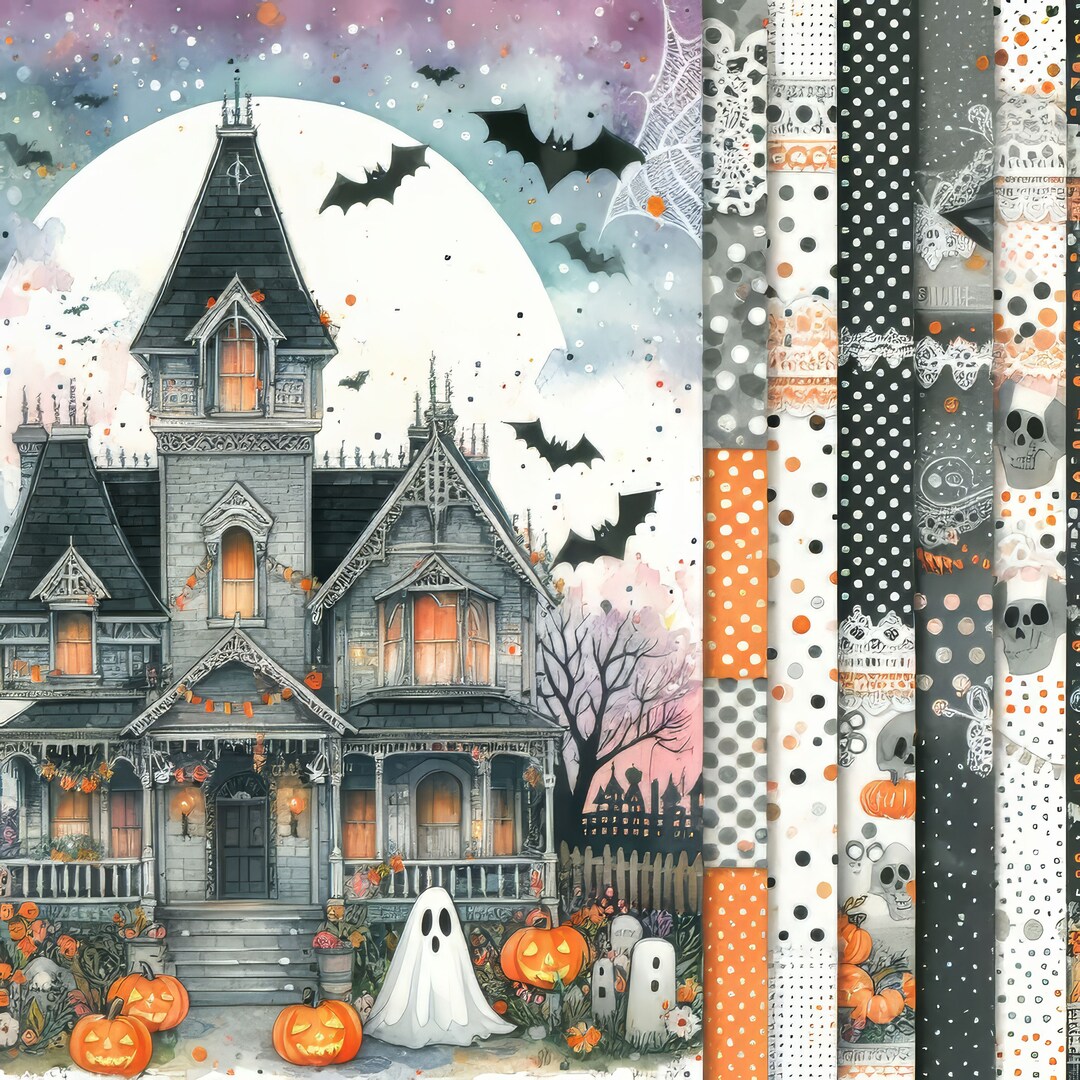 Halloween Calico Haunted House Paper: Clip Art 10 High Res Watercolor ...