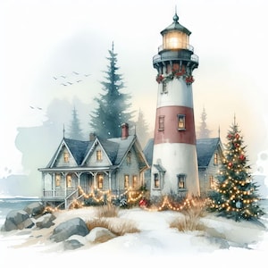Christmas Lighthouse: Clip Art 10 High Res Watercolor Jpgs Junk ...