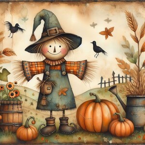 Whimsical Scarecrow in Pumpkin Patch Clip Art 10 High Res Watercolor ...