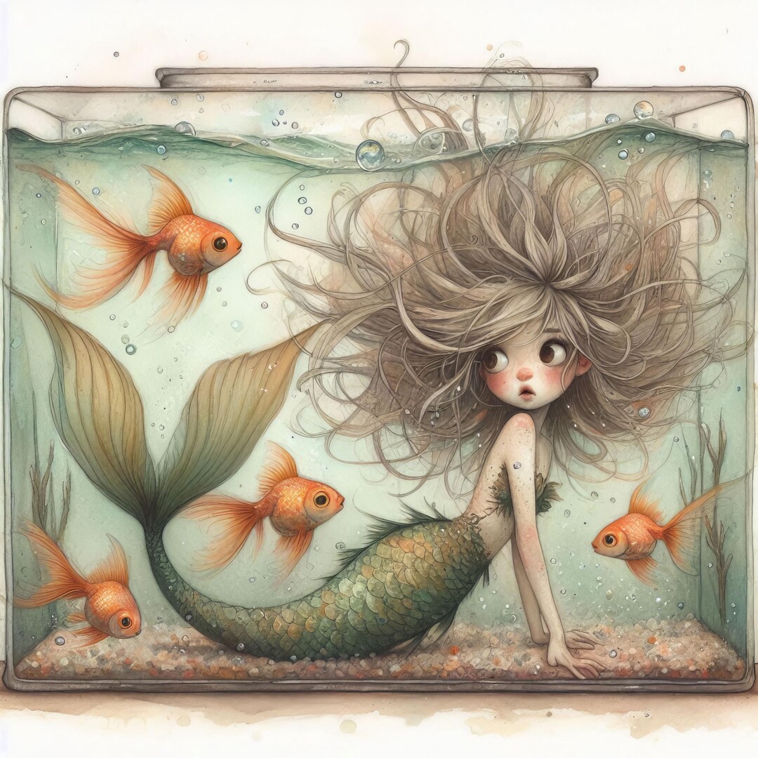 Fish Tank Mermaid: 10 High Res Watercolor Jpgs, Junk Journaling ...
