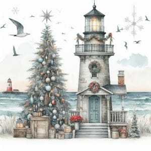 Christmas Lighthouse: Clip Art 10 High Res Watercolor Jpgs Junk ...