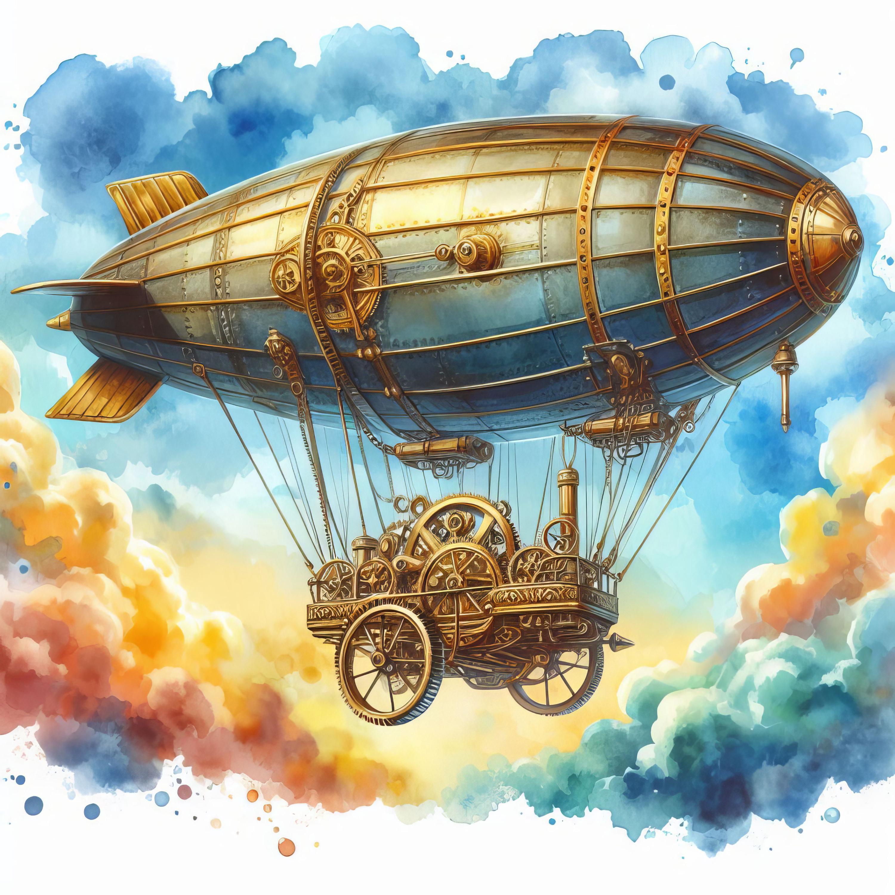 Steampunk Blimp: 10 High Res Watercolor Jpgs, Junk Journaling, Card ...