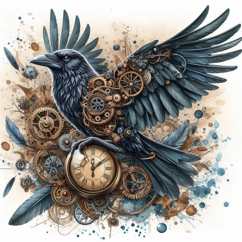 Steampunk Raven: 10 High Res Watercolor Jpgs, Junk Journaling, Card ...