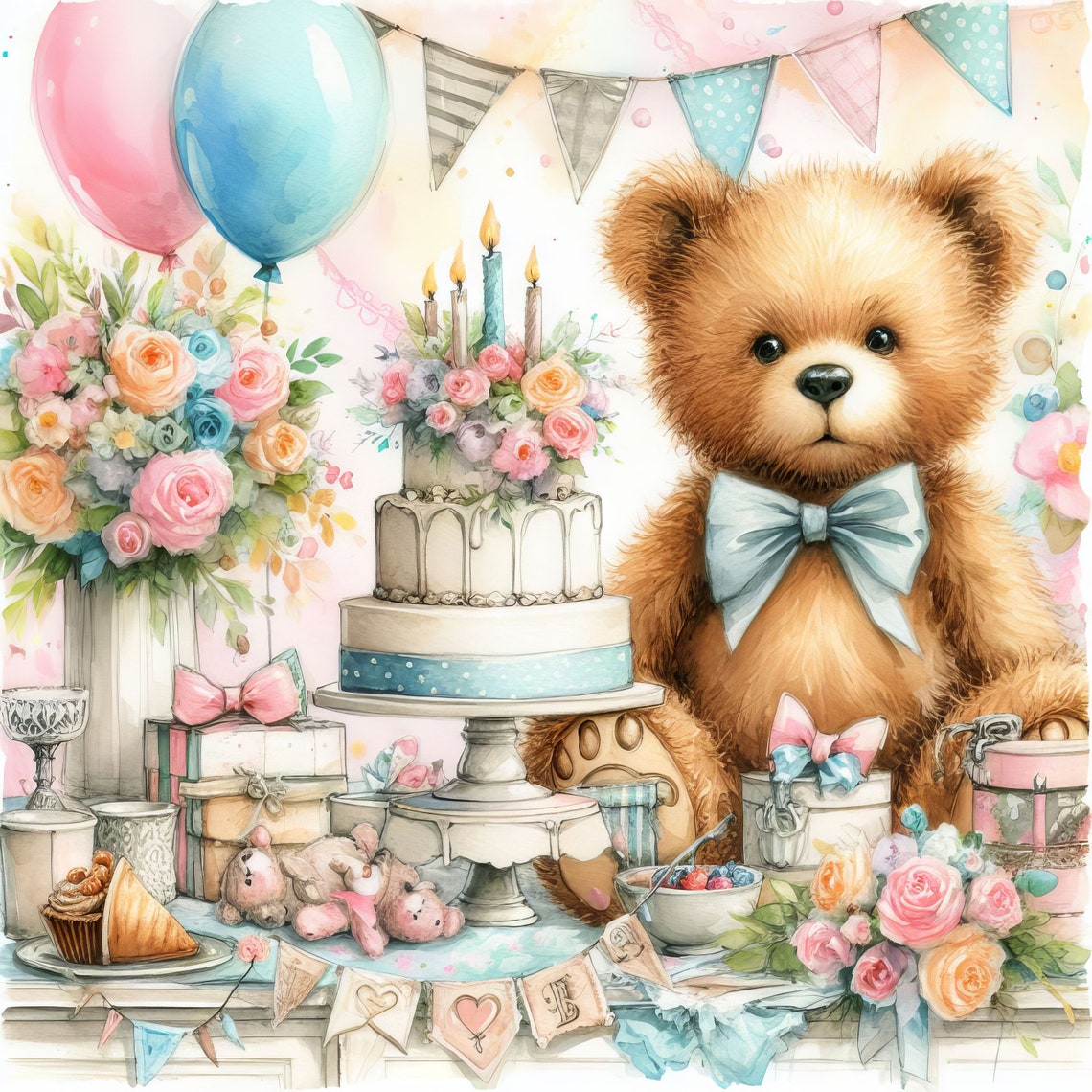 Teddy Bear Birthday Clip Art Bundle 10 High Res Watercolor Jpgs for ...