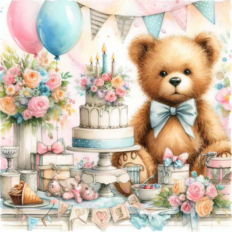 Teddy Bear Birthday Clip Art Bundle 10 High Res Watercolor Jpgs for ...