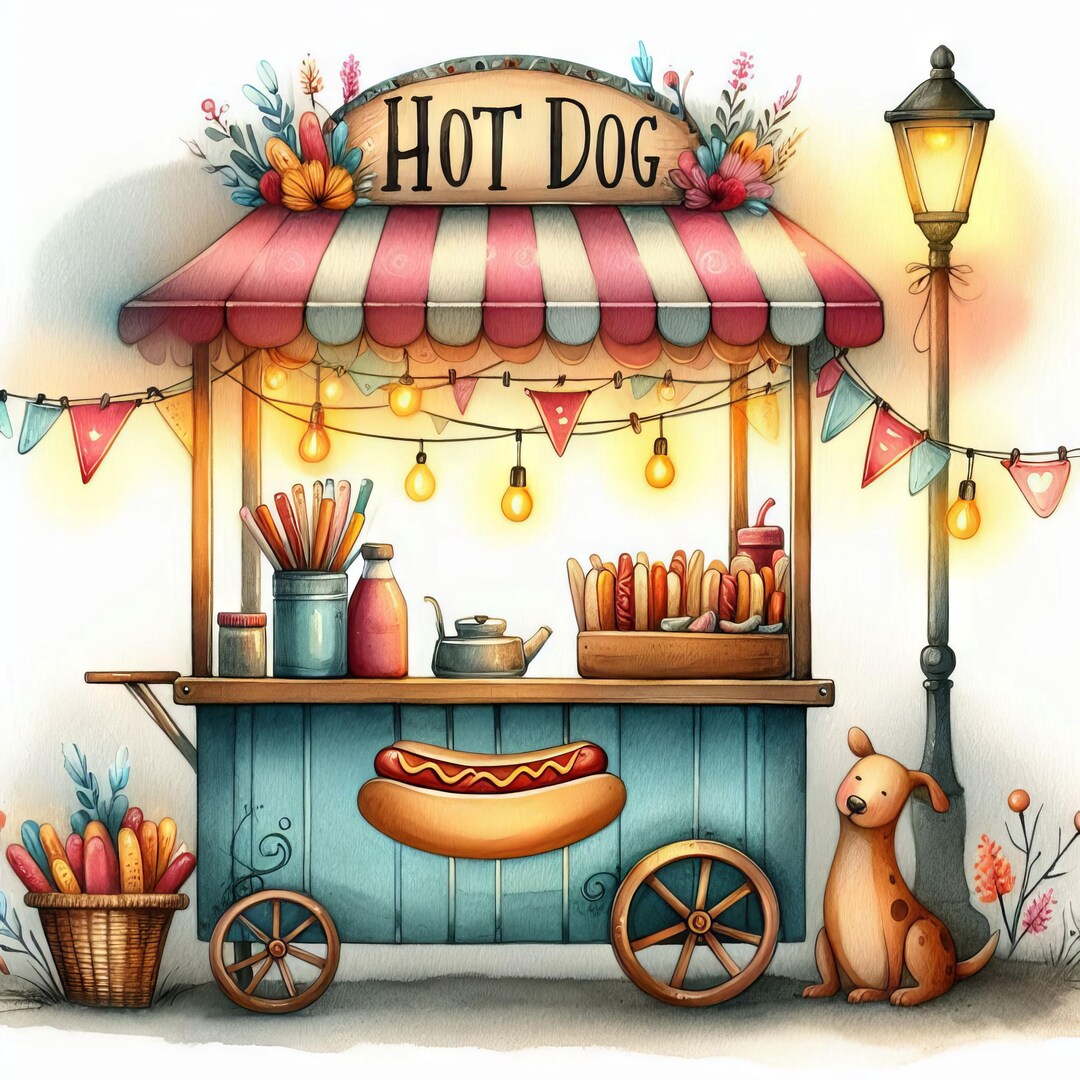 Hot Dog Stand Clip Art 10 High Res Watercolor Jpgs Junk Journaling ...