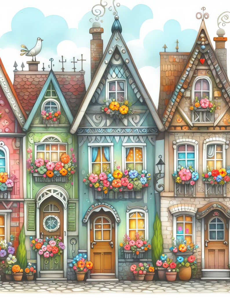 Whimsical Row Houses Clipart Bundle 10 High Res Watercolor Jpgs for Junk Journaling ...