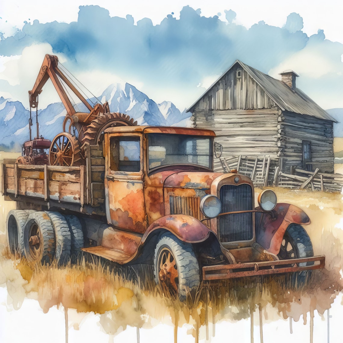 Old Farm Truck Clip Art 10 High Res Watercolor Jpgs for Junk Journaling, Scrapbooking, Card ...
