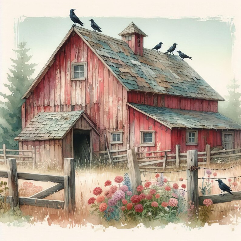 Red Barn With Crows: Clipart, 10 High Res Watercolor Jpgs, Junk ...