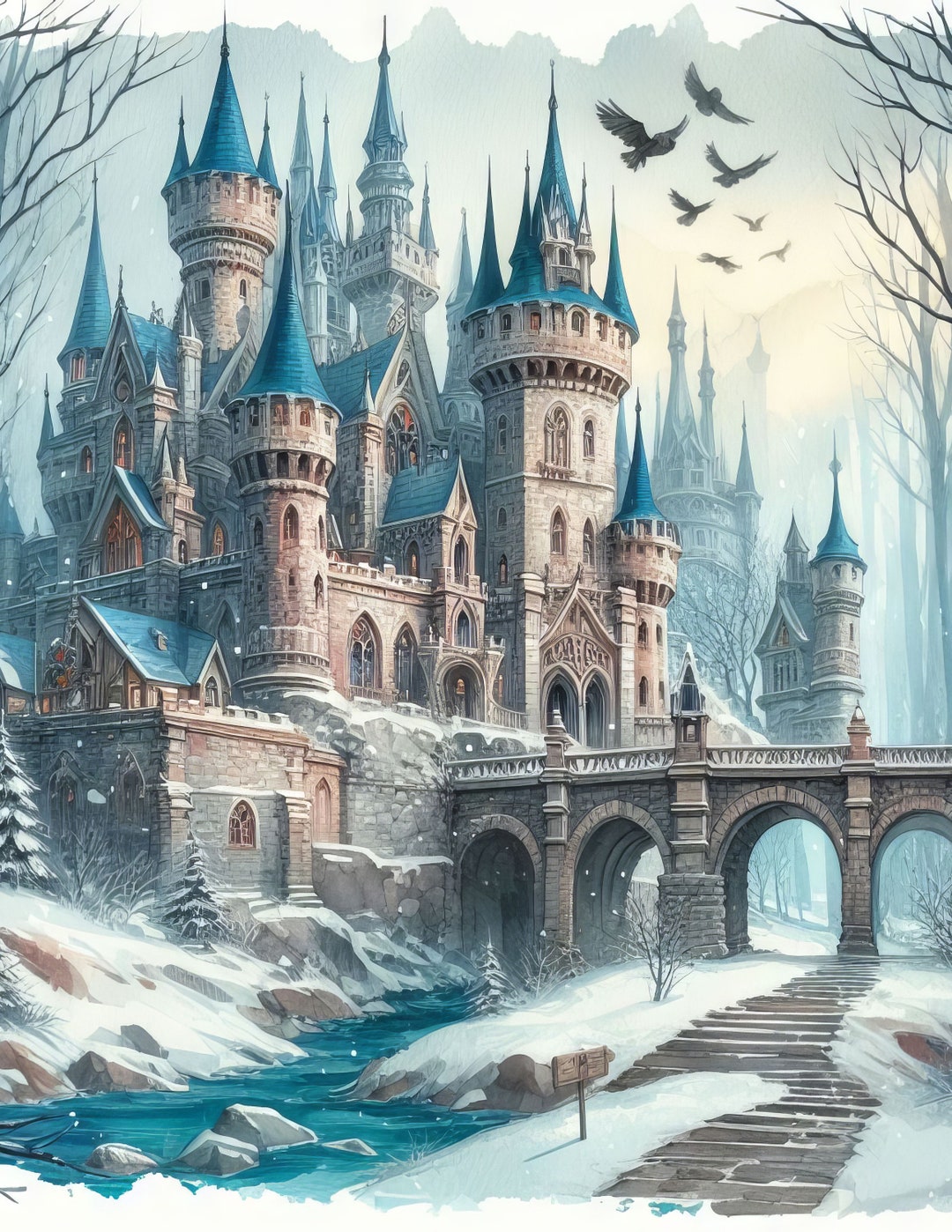 Winter Castle Clipart Bundle 10 High Res Watercolor Jpgs for Junk ...