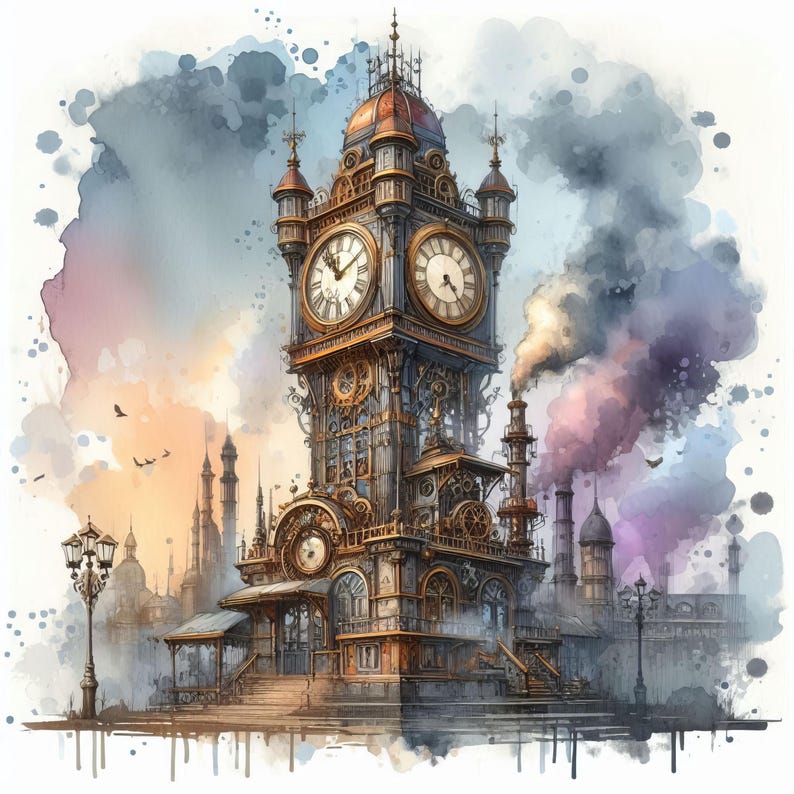 Steampunk Clock Tower: 10 High Res Watercolor Jpegs, Junk Journaling ...