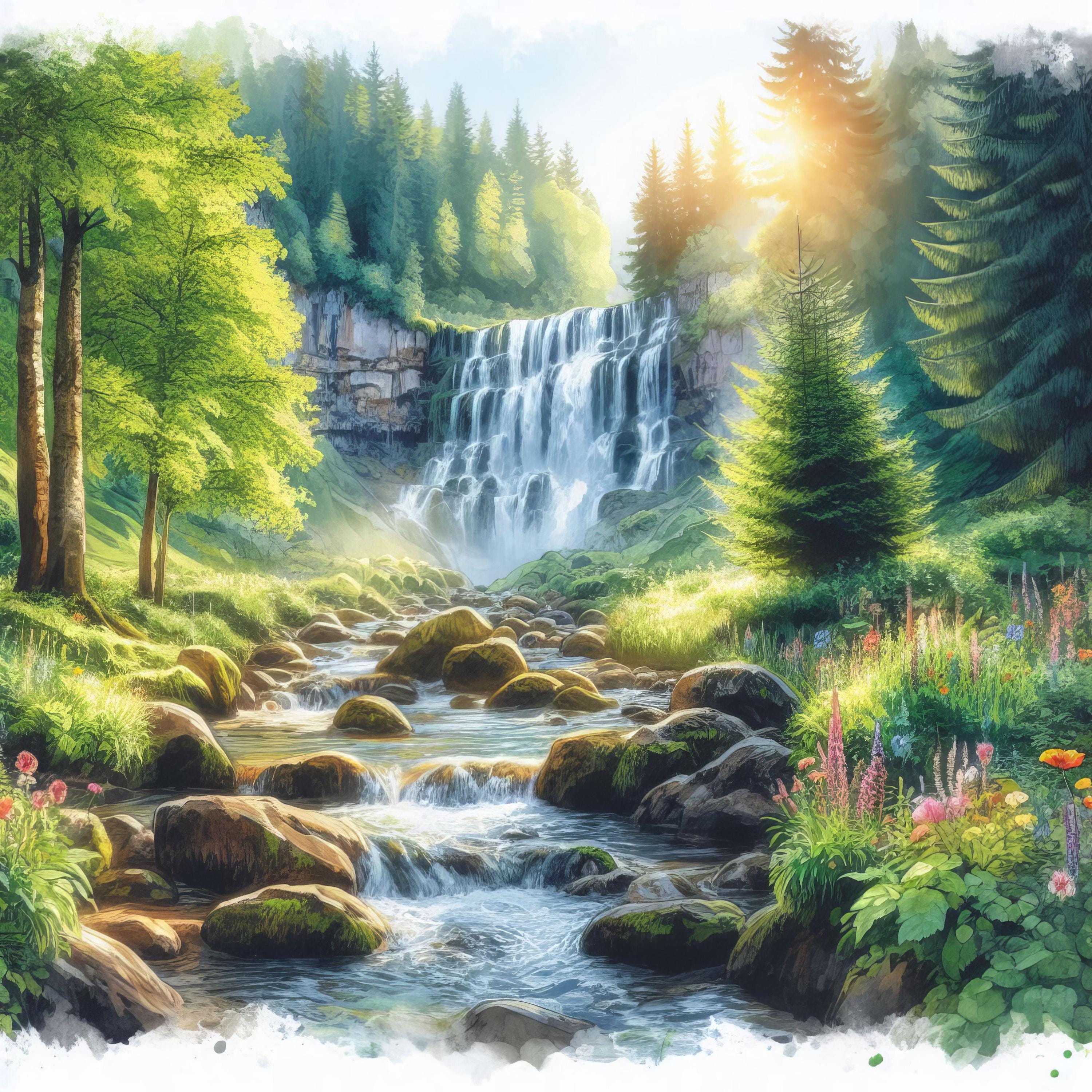 Summer Waterfall: 10 High Res Watercolor Jpgs, Junk Journaling ...