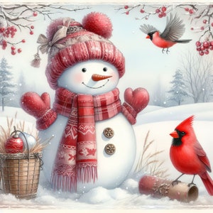 Snowman in Red With Cardinal Clip Art Bundle 10 High Res Watercolor ...