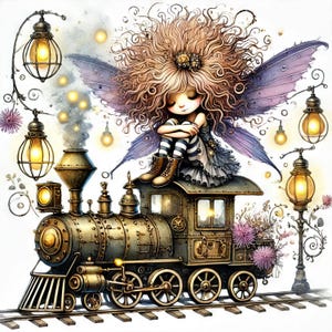 Steampunk Fairy and Train 10 High Res Watercolor Jpgs Junk Journaling ...