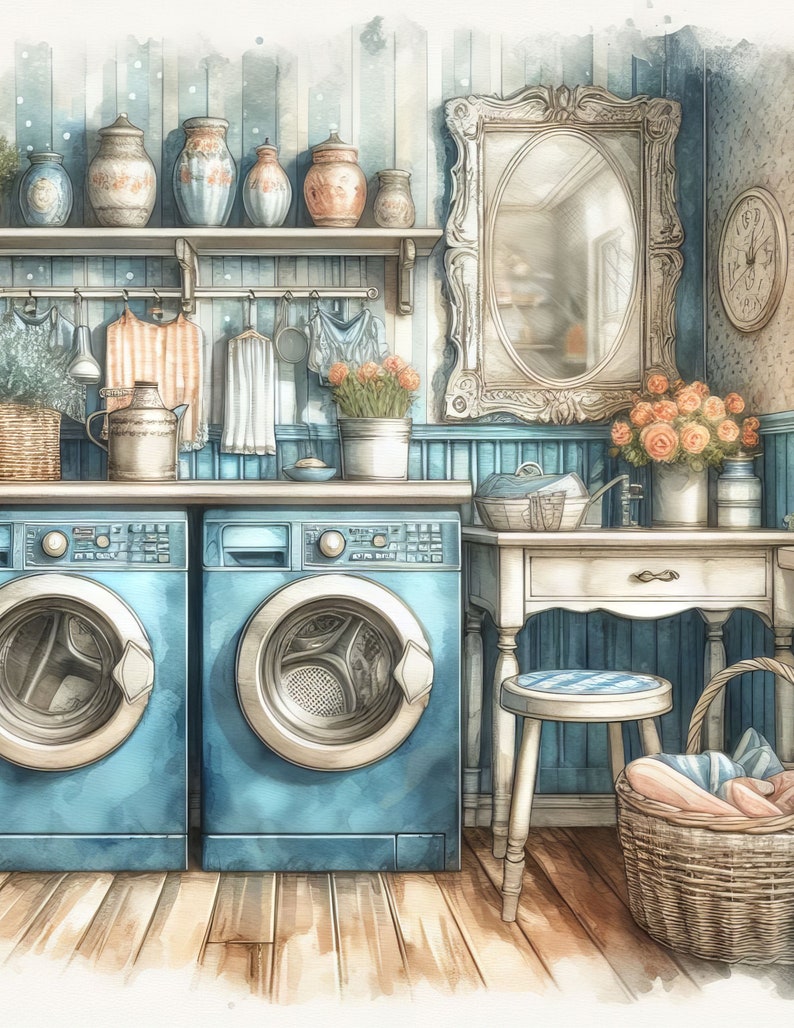 Blue Laundry Room Clipart Bundle 10 High Res Watercolor Jpgs for Junk ...
