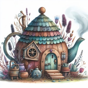 Whimsical Teapot House Clip Art 10 High Res Watercolor Jpgs for Junk ...