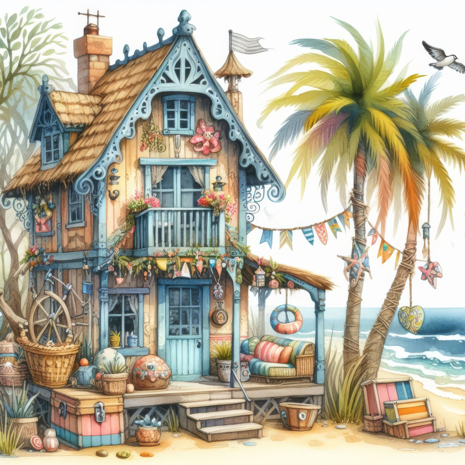 Whimsical Beach House Clip Art Kit 10 High Res Watercolor Jpgs for Junk ...