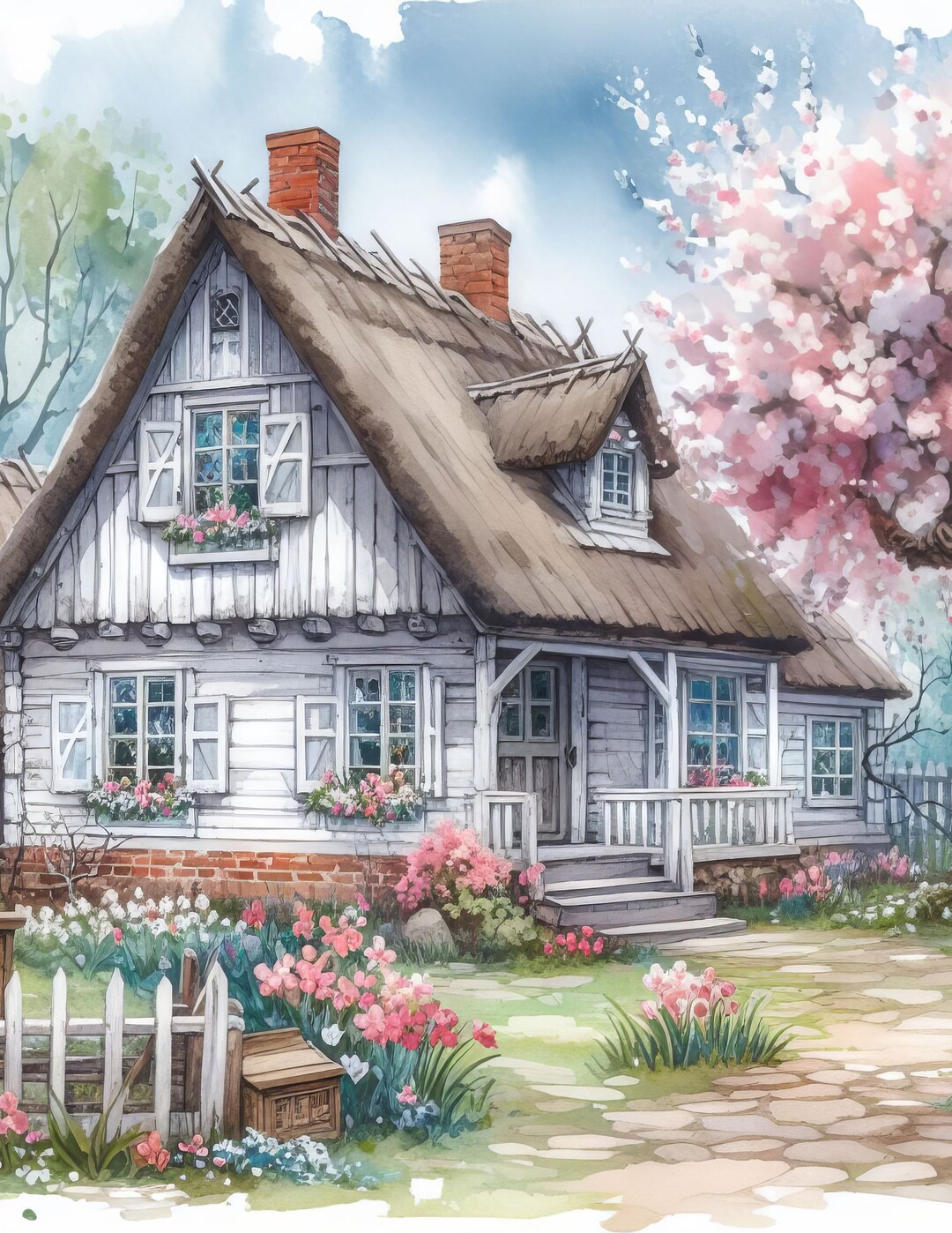 White Cottage in Spring Clipart Bundle 10 High Res Watercolor Jpgs for ...