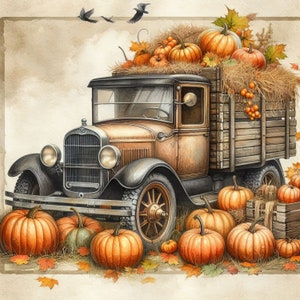 Vintage Farm Truck in Fall Clip Art 10 High Res Watercolor Jpgs for ...
