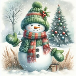 Snowman in Green With Christmas Tree: Clip Art, 10 High Res Watercolor ...