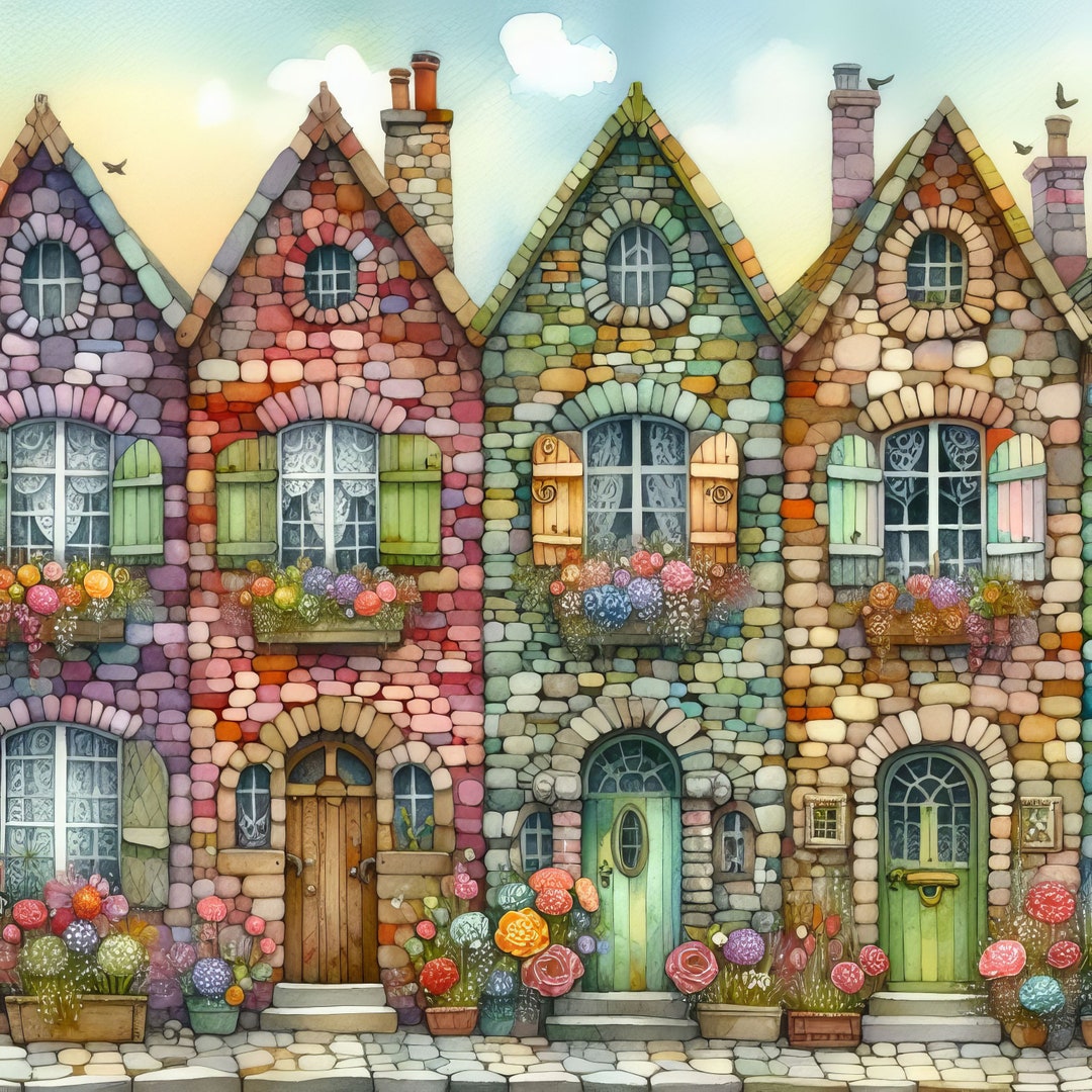 Whimsical Stone Row Houses Clip Art 10 High Res Watercolor Jpgs Junk ...