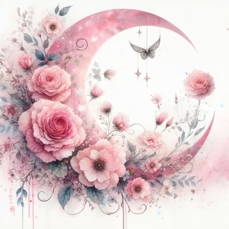 Pink Moon: Clip Art, 10 High Res Watercolor Jpgs, Junk Journaling ...