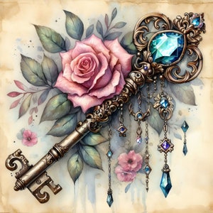 Gothic Jeweled Key Clip Art 10 High Res Watercolor Jpgs for Junk ...