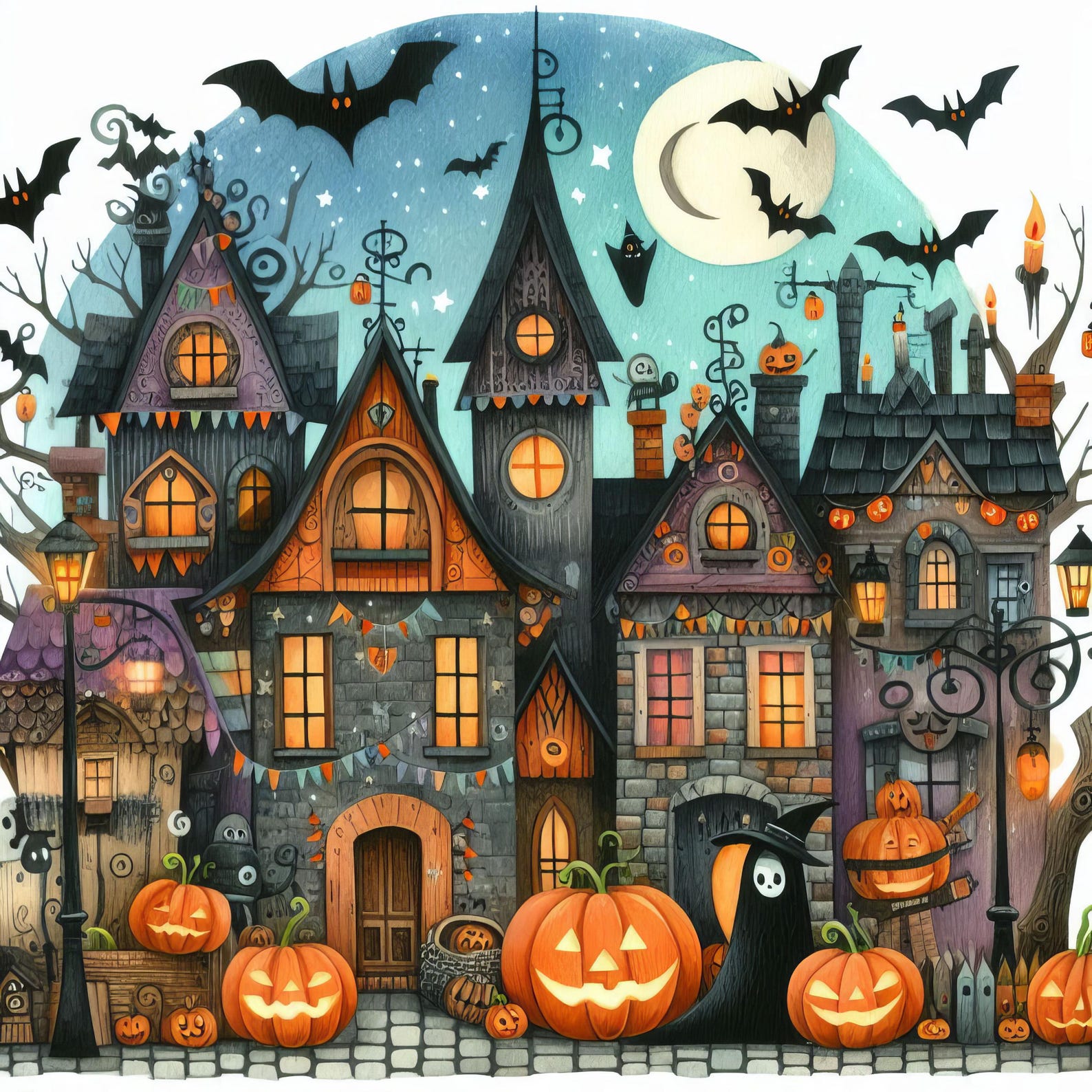 Whimsical Halloween Town: 10 High Res Watercolor Jpgs Junk Journaling ...