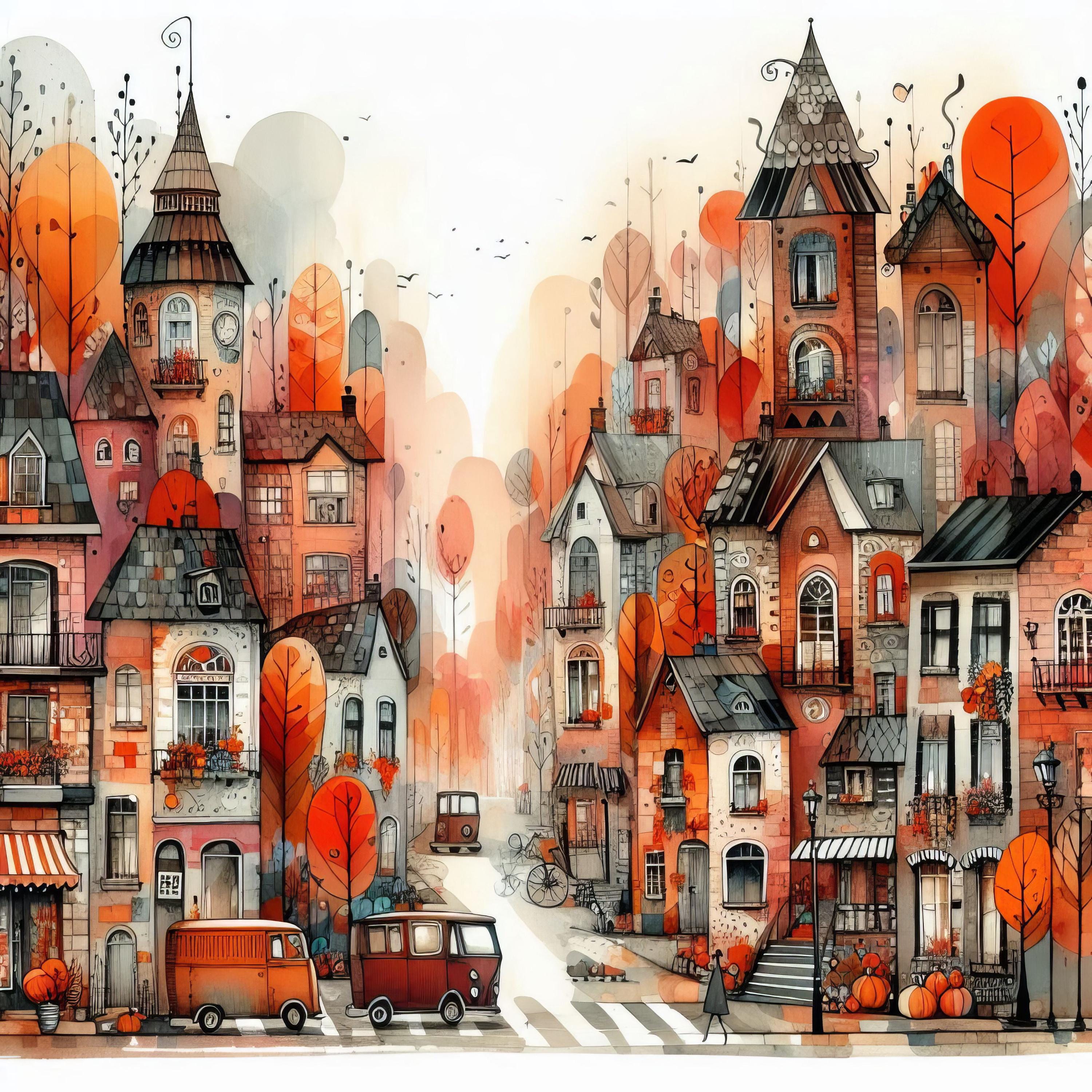 Quirky Fall Town 10 High Res Watercolor Jpgs Junk Journaling ...