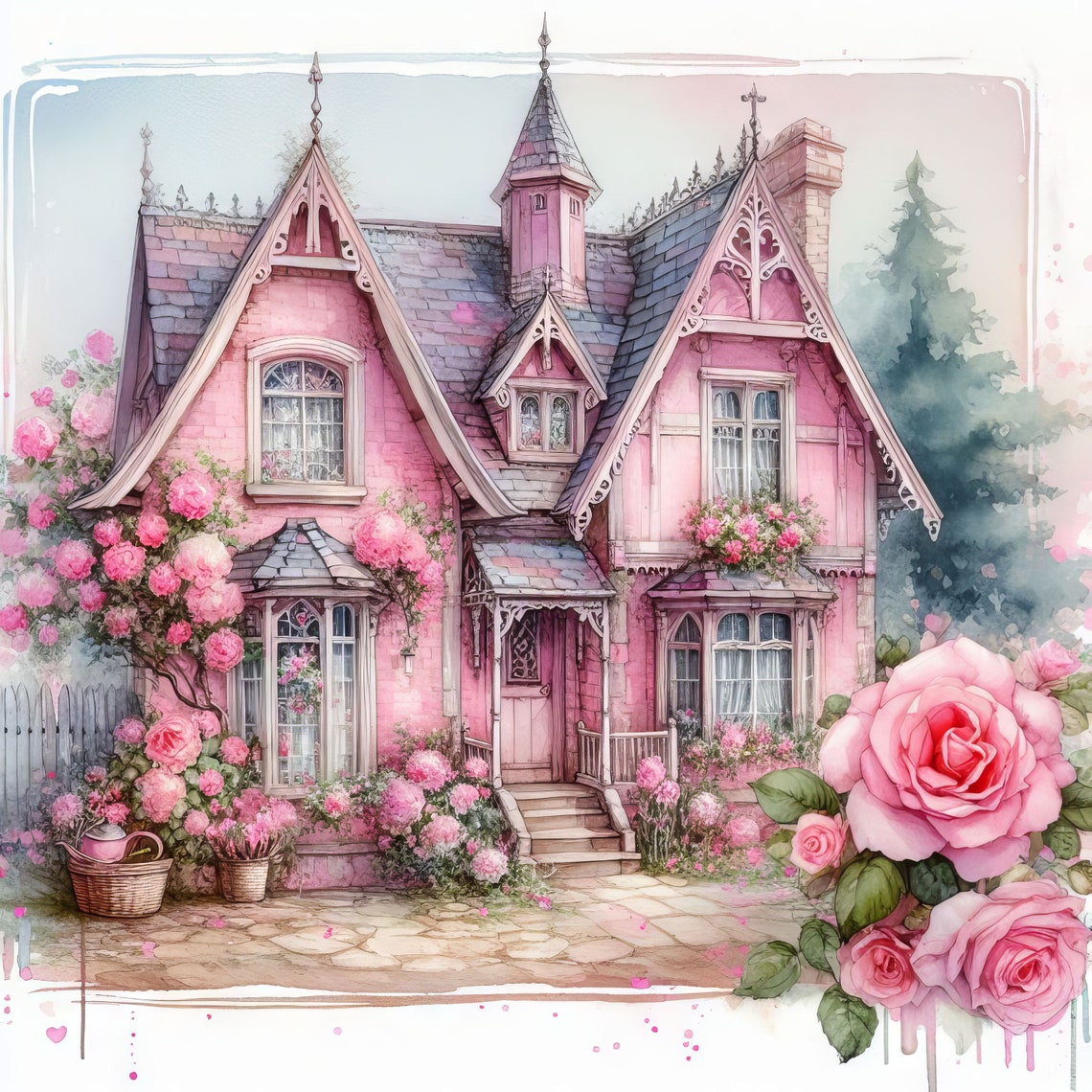 Pink Rose Cottage Clip Art 10 High Res Watercolor Jpgs for Junk ...