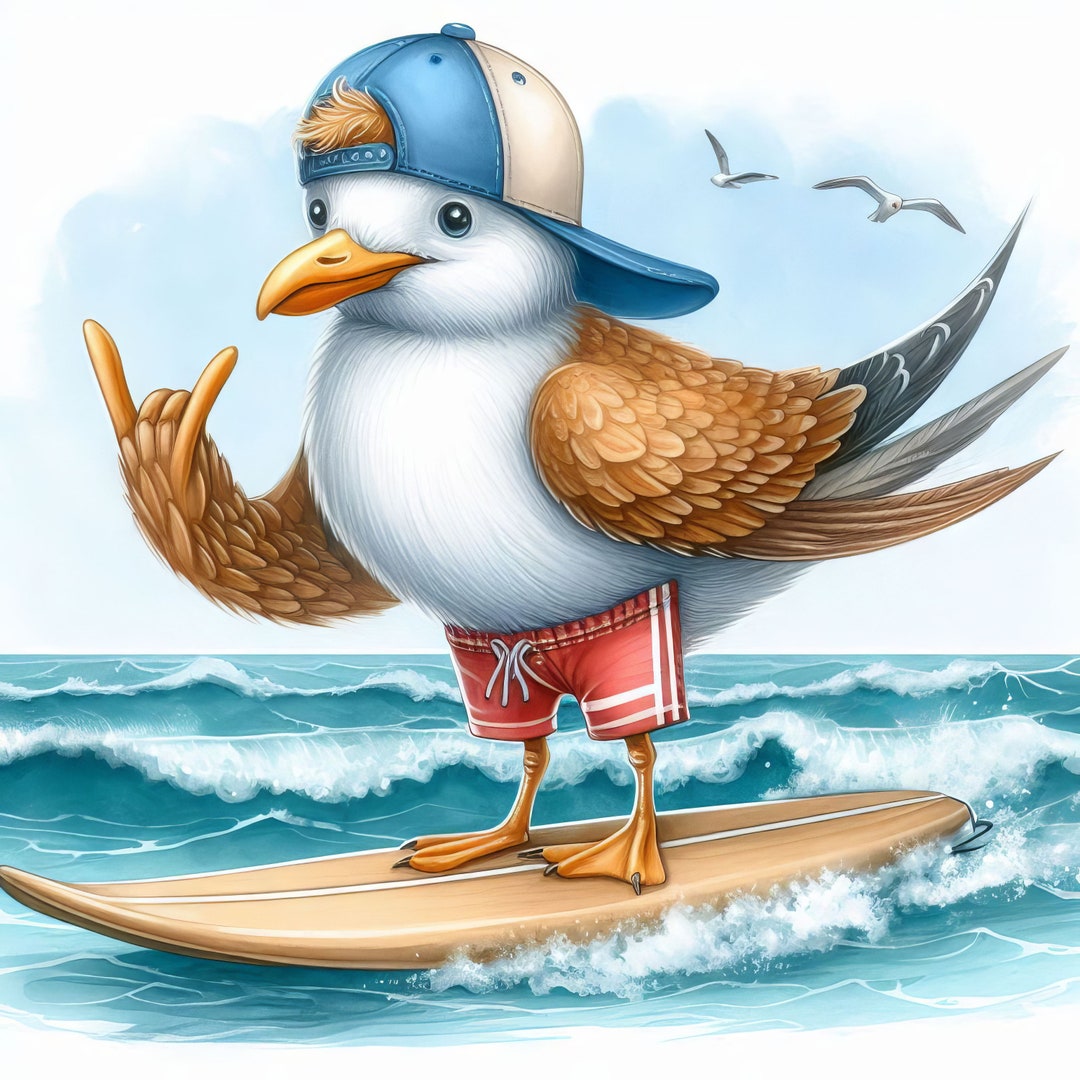Quirky Seagull Surfing Clip Art 10 High Res Watercolor Jpgs Junk ...