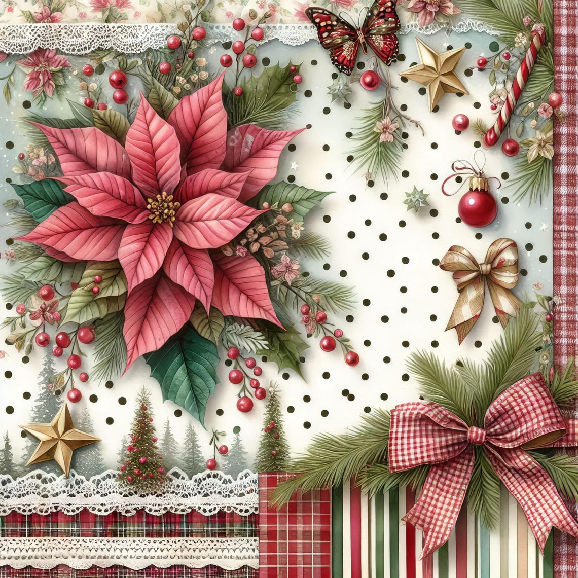 Calico Christmas Poinsettia Paper: 10 High Res Watercolor Jpgs, Junk ...