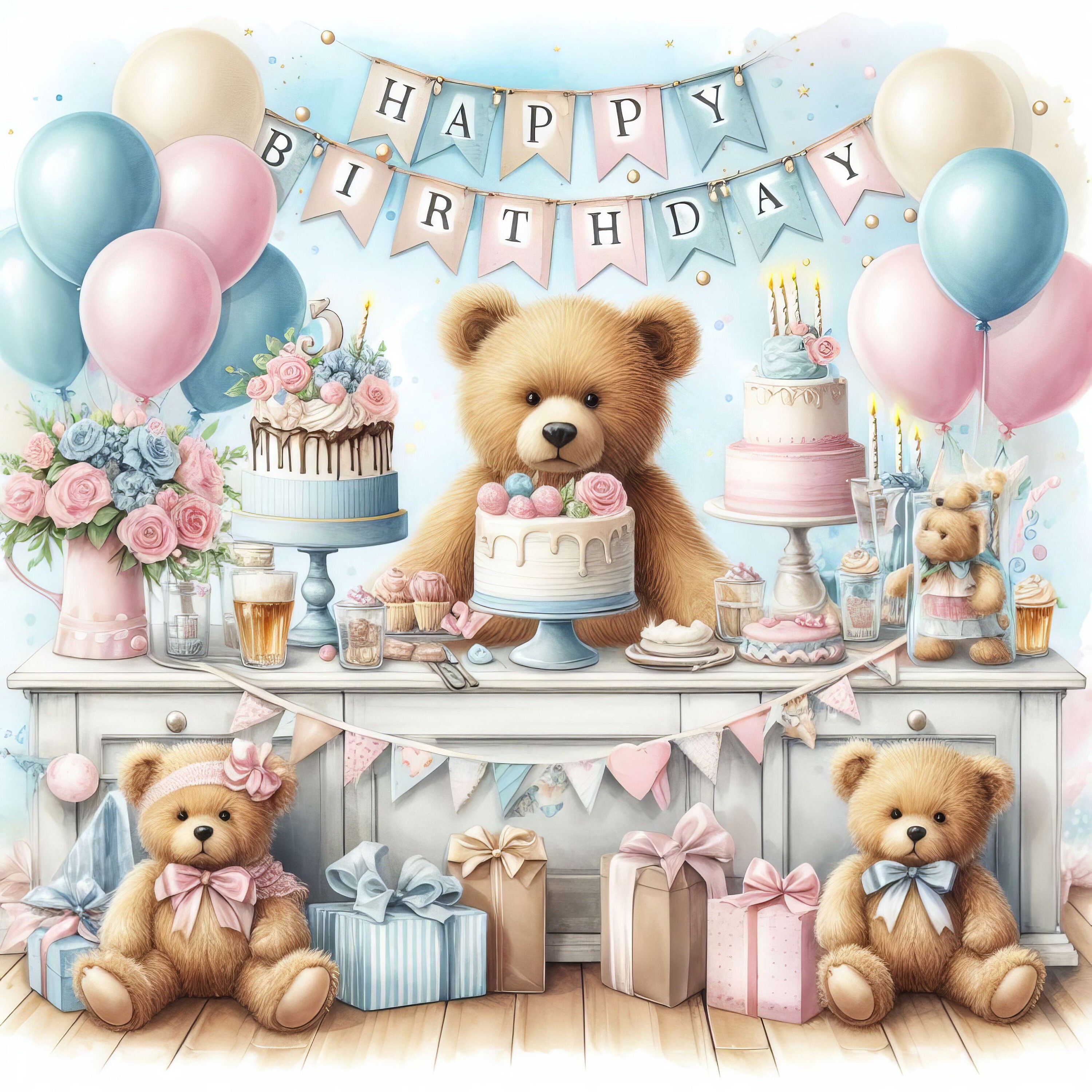 Teddy Bear Birthday: Clip Art Bundle 10 High Res Watercolor Jpgs for ...