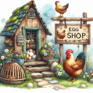 Chicken Egg Shop 10 High Res Watercolor Jpgs Junk Journaling ...