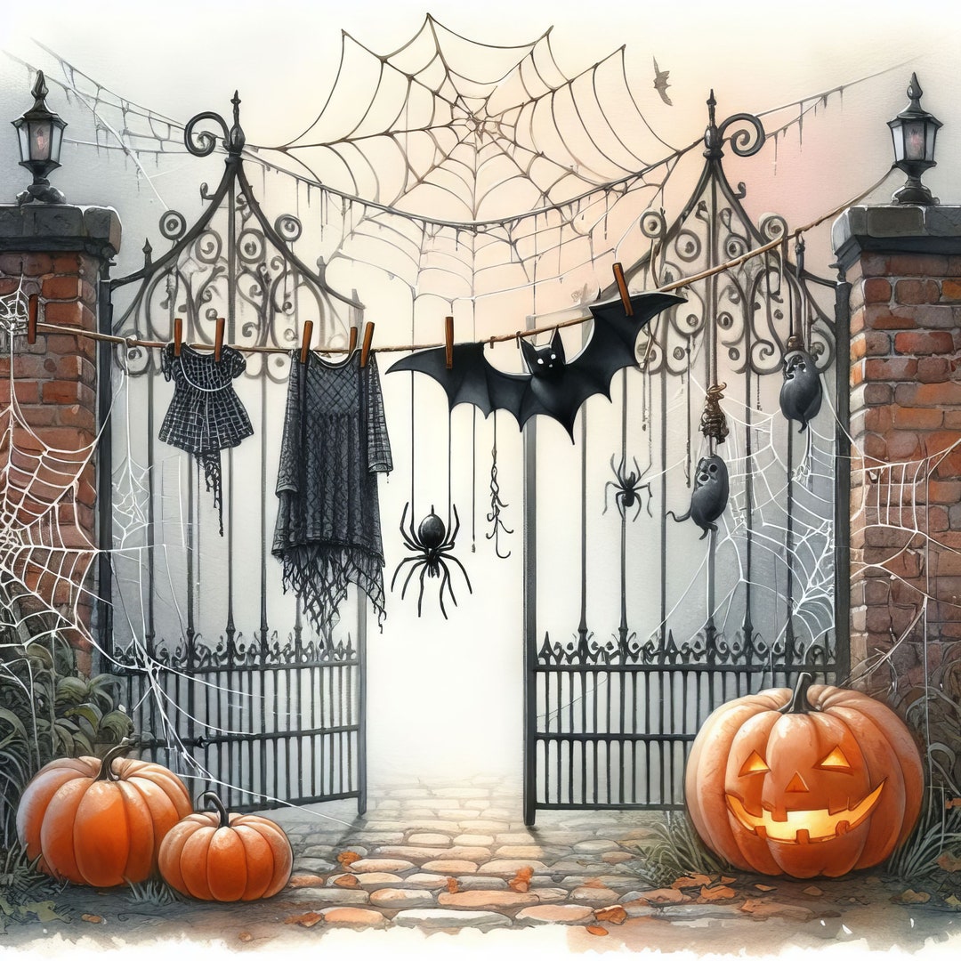 Haunted Halloween Gate: Clip Art, 10 High Res Watercolor Jpgs, Junk ...