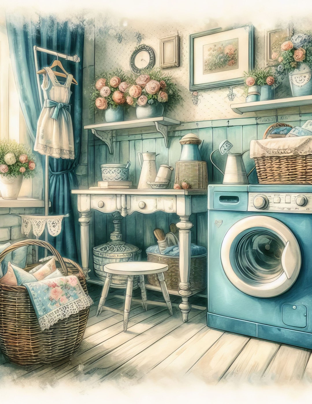 Blue Laundry Room Clipart Bundle 10 High Res Watercolor Jpgs for Junk ...